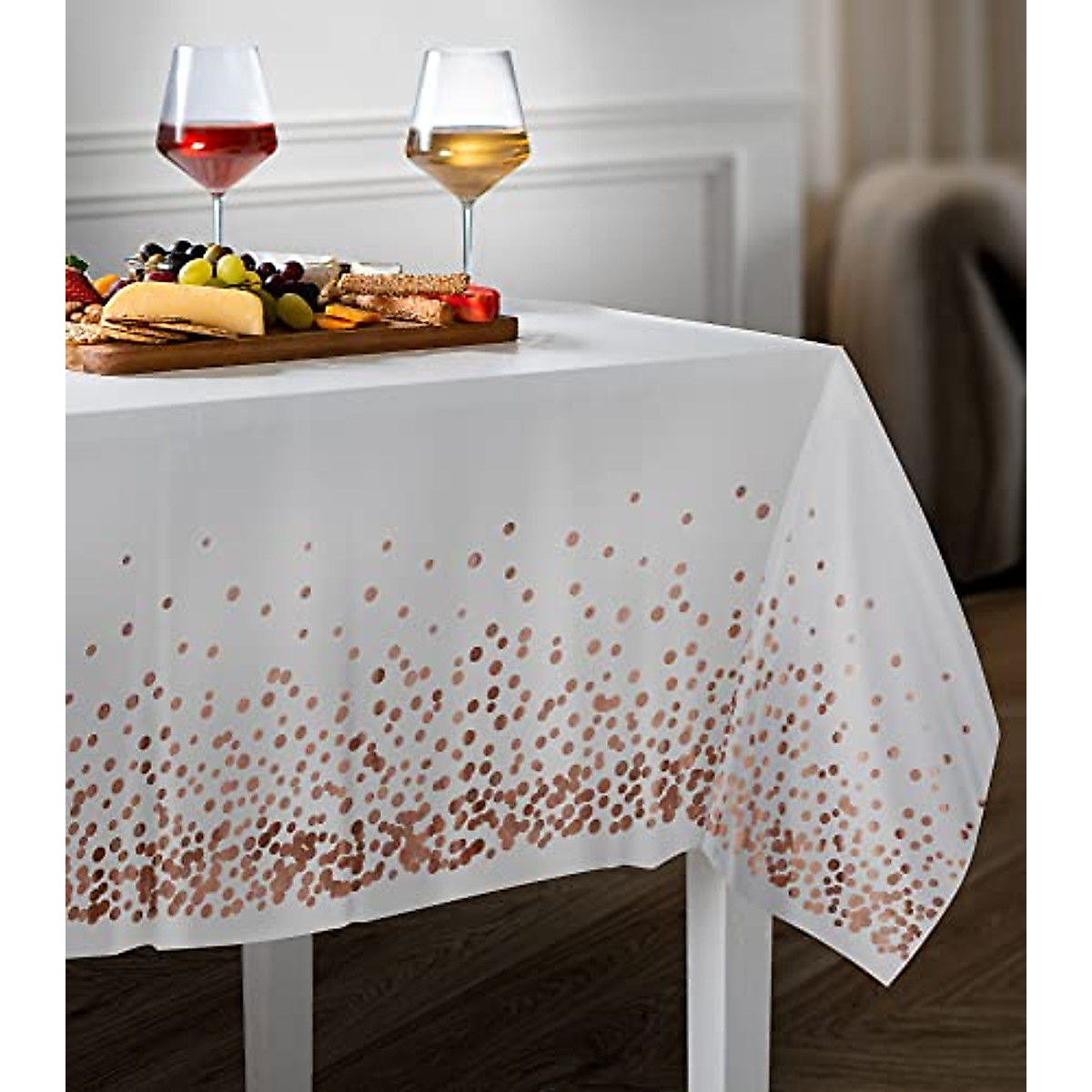 Prestee Rose/Gold Tablecloths, 4pk, 54"x108" | Gold Dot Disposable Tablecloths | Plastic Tablecloth | Rose Tablecloths | Plastic Table Cover | Paper Tablecloths for BBQ, Party, Fine Dining, Wedding