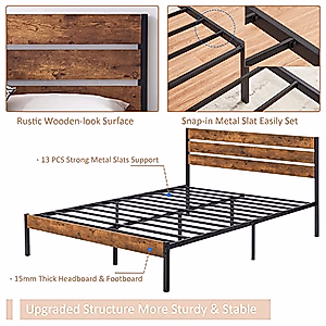 VECELO Platform Full Bed Frame with Rustic Vintage Wood Headboard and Footboard, Mattress Foundation, Strong Metal Slats Support, No Box Spring Needed