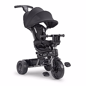 Joovy 4.1 Kids Tricycle with 4-Stages Featuring Extra-Wide Front Tire, Removable and Adjustable Parent Handle, Safety Harness, Machine-Washable Seat Pad, and Retractable Canopy (Black)
