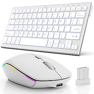FENISIO Wireless Keyboard Mouse, Ultra Slim Bluetooth 2.4G Slient Wireless Keyboard and Mouse Combo with Backlit, Multi-Device USB Rechargeable Keyboard Mouse for Laptop PC Windows Desk (Silver White)