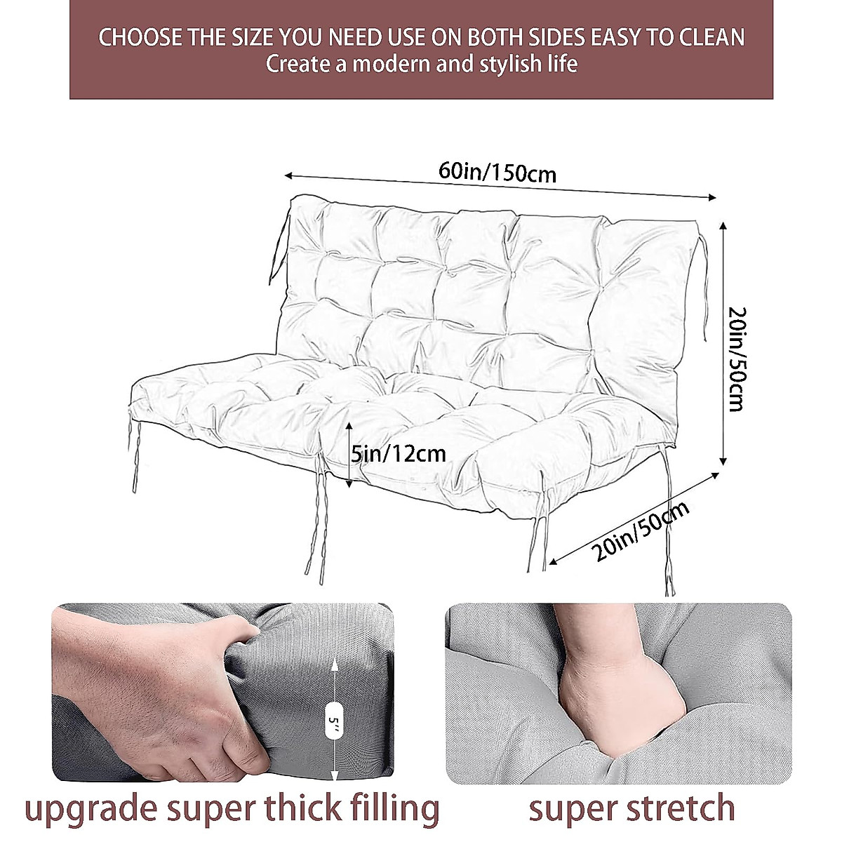 JKCJM Swing Replacement Cushions 5" Thick Waterproof Porch Swing Cushions 2-3 Seater Outdoor Swing Cushions for Outdoor Furniture,Khaki-60x40in(150x100cm)