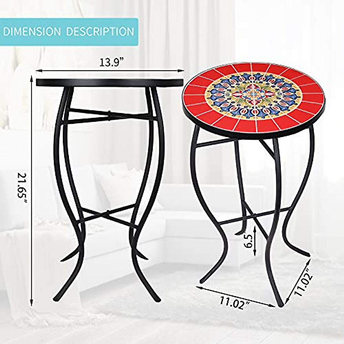 VCUTEKA Mosaic Outdoor Side Table - Small Patio Table Coffee Table Outside Accent Table Round End Plant Table for Bistro Balcony Porch Outdoor Benches 14'' Mosaic Table Red