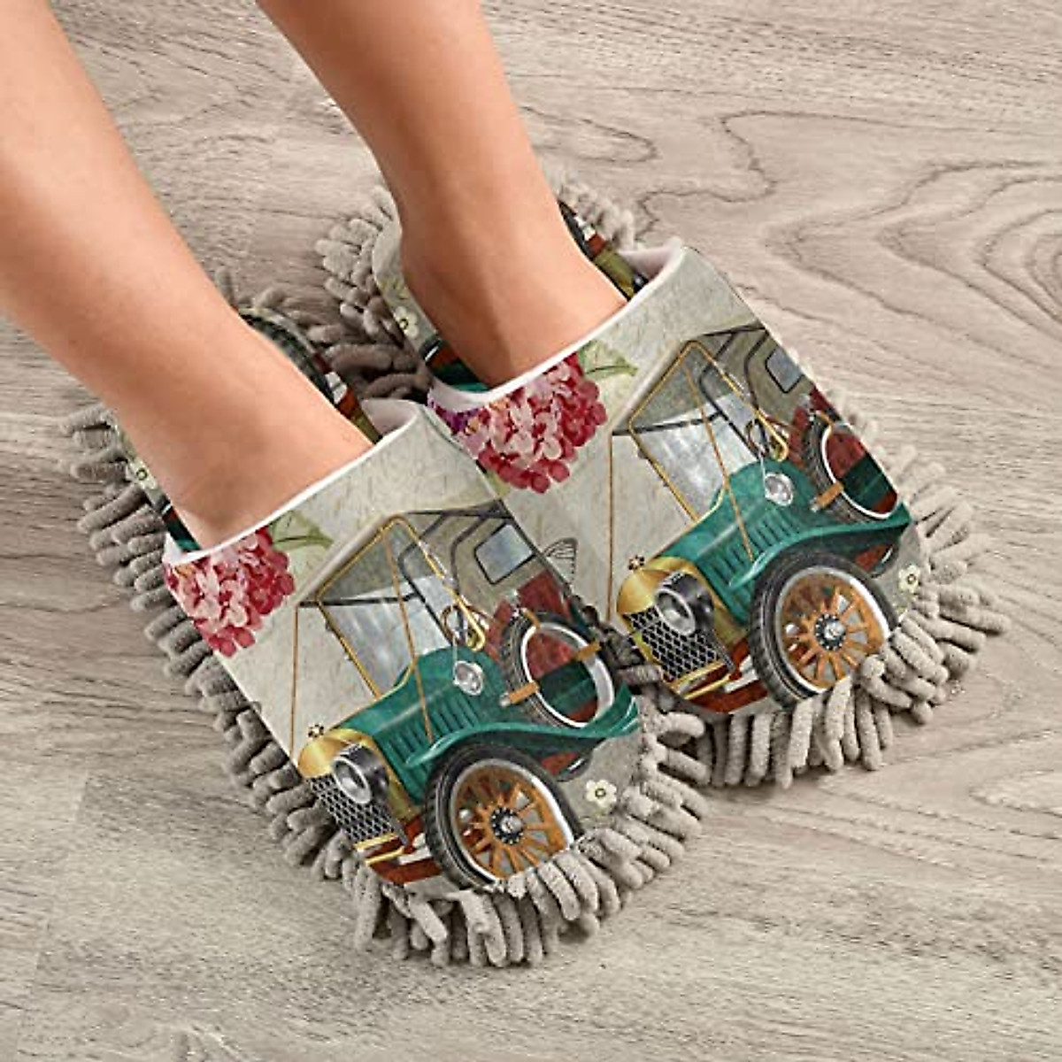Retro Car Flower Butterfly Mop Slippers Shoes Cover for Floor Cleaning Washable Hair Dust Dirty Cleaners Microfiber Mop Socks for House Office Kitchen