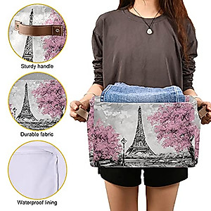 Storage Basket French Paris Eiffel Tower Street Pattern 2 Pc Canvas Large Collapsible Organizer Toy Clothes Storage Bins Boxes Cubes with Handles for Shelf Closet Bedroom Nursery Home Office