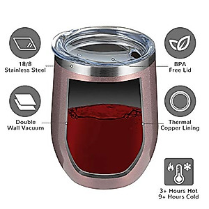 MEWAY Stemless 12 OZ Wine Tumbler Glasses with Lid -Insulated Double Wall Vacuum Stainless Steel Travel Tumbler with Straw,Gift for Woman Under 10 dollars (Rose gold,1)