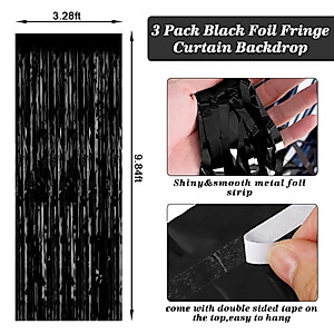 3 Pack Black Halloween decorations,Halloween Party Decorations,3.28 x 9.84 ft Halloween backdrop Curtain Fringe Tinsel Birthday Decor Party Streamers Party Supplies for Wedding Black Party Decorations