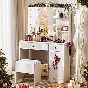 Spurgehom Makeup Vanity Desk with Mirror and Lights White Vanity Set with Drawers and Stool 37" Glass Top Dressing Table Shelves and Storage Cabinet 3 Lighting Modes Brightness Adjustable for Bedroom