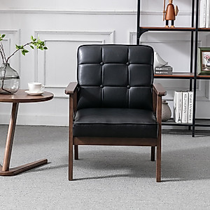 Okeysen Accent Chairs Set of 2, Mid Century Modern Accent Chair, Retro Wood and Leather Armchairs Side Chair, Lounge Reading Comfy Arm Chair for Living Room, Bedroom, Office(Matte Black)
