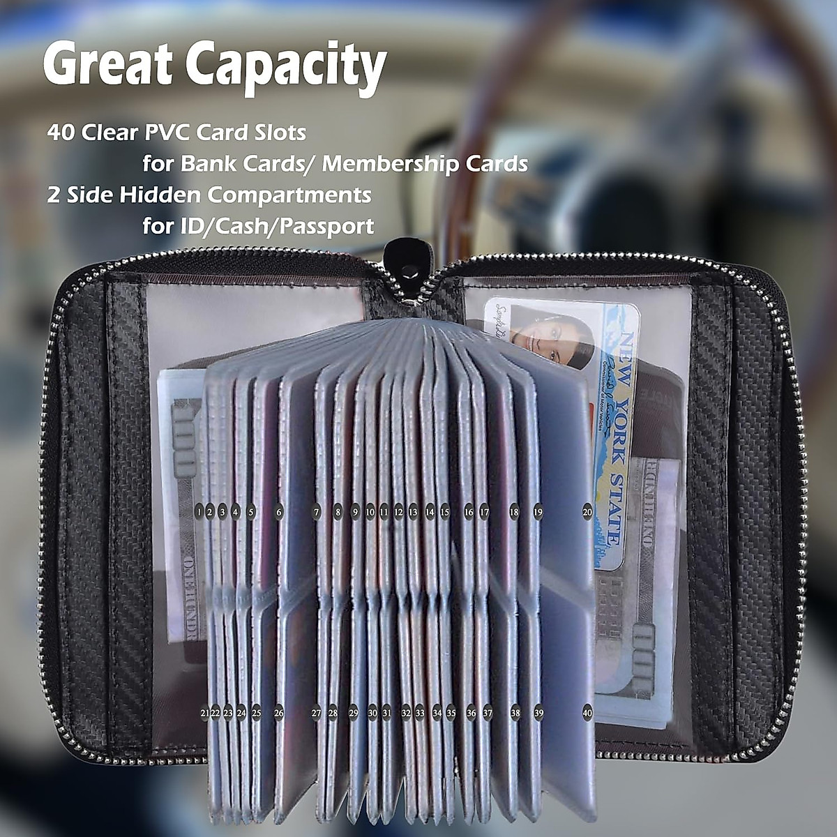 YUHAN PRETTY Credit Card Holder Wallet Large Leather Passport Case 42 Card Slots (Carbon Fiber Leather - Black)