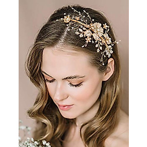 SWEETV Flower-Leaf Bridal Headband Gold Crystal Tiara for Women Pearl Wedding Headpieces for Bride Hair Accessories for Prom Birthday Party