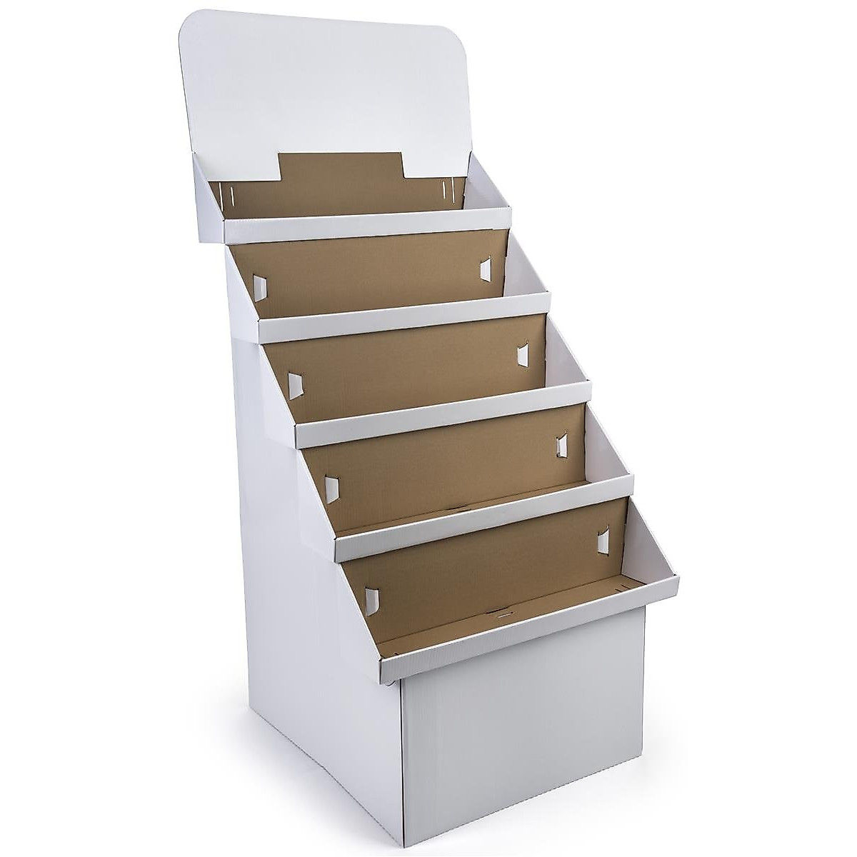 Free-Standing Display Rack, White Corrugated Cardboard Construction with 5 Bins - Sold in Sets of 2