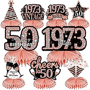 9Pcs 50th Birthday Decorations Honeycomb Centerpieces for Women, Rose Gold Vintage 1973 Happy 50th Birthday Table Toppers Party Supplies, Cheers to 50 Birthday Table Centerpieces Sign Decor