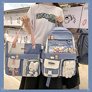 MeganJDesigns 2Pcs Kawaii Backpack for Teen Girls Aesthetic Student, Gift for Back to School, Travel Daypack Shoulder Bag Girls (Blue)