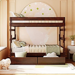 Full Over Full Bunk Bed with 2 Drawers, Solid Wood Bunk Bed Frame with Ladders & Storage Drawers, Bedroom Furniture Can Be Divided Into Two Individual Beds