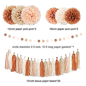AOBKIAT Boho Wedding Decorations Set,28 PCS Dusty Brown Tissue Paper Pom Poms,Circle Dots Garland Paper Tassels Hanging Backdrop for Baby Shower,Birthday,Bridal Showers,Fall Party Supplies