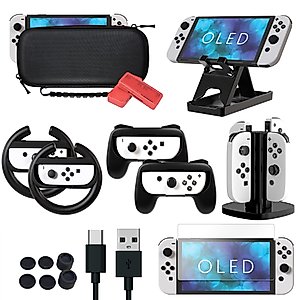 TalkWorks Super Combo Pack Accessories for Nintendo Switch OLED - 2 Grips, 2 Wheel Controller Grips, 2 Game Card Holders, 1 Charging Dock, Thumb Grips, USB-C Cable, Universal Stand, Screen Protector