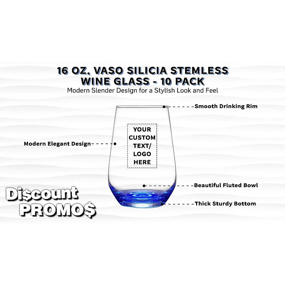 DISCOUNT PROMOS 10 Vaso Silicia Stemless Wine Glasses Set, 16 oz. - Personalized Text, Logo - Clear, Orb-Like, Thick base - Blue
