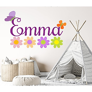 Custom Name Flowers Wall Decal - Personalized Name Butterfly Decor - Daisy Wall Decal Peel and Stick - Pastel Flowers - Girls Flowers Wall Stickers - Wall Decal for Home Nursery Bedroom Decoration