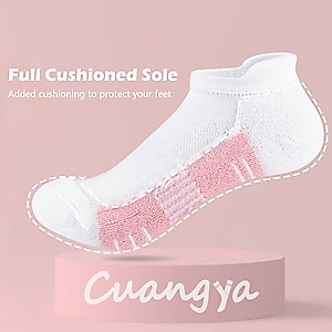 cuangya Performance Ankle Socks Women with Heel Tab for Running Athletic White Socks Pink Low Cut Cushioned 5-Pairs