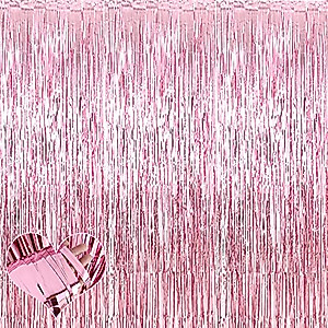 4 Pack Pink Fringe Curtain Backdrop, 3.2Ft x 9.8Ft Metallic Tinsel Foil Fringe Streamers Background for Photo Booth Birthday Wedding Baby Shower Carnival Easter Mother’s Day Party Decorations