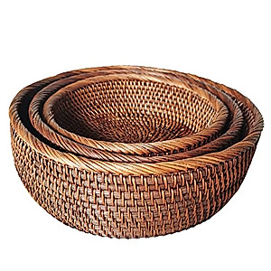 AMOLOLO 3 Pack Round Rattan Bowl Basket, 8 9 10 Inch Handmade Wicker Basket Tray with Scalloped Edge and 3”Deep Wall, Woven Dark Brown Bread Basket Fruit Bowl Key Holder Table Centerpiece, 3-Size