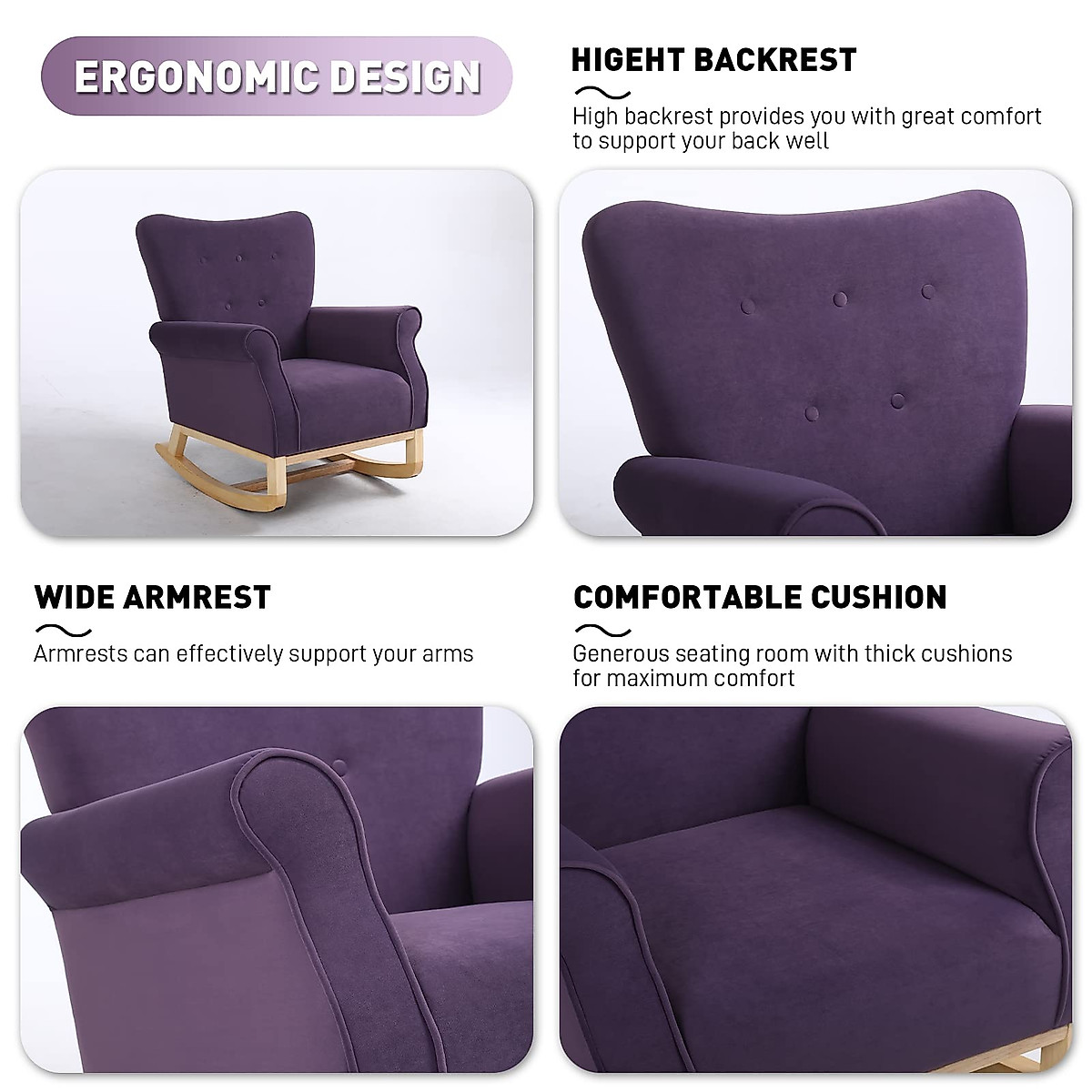 WIILAYOK Nursery Rocking Chair, Velvet Glider Rocker with Solid Wood Base and High Backrest for Baby Nursery, Comfy Rocking Recliner Armchair for Breastfeeding and Rocking Baby to Sleep