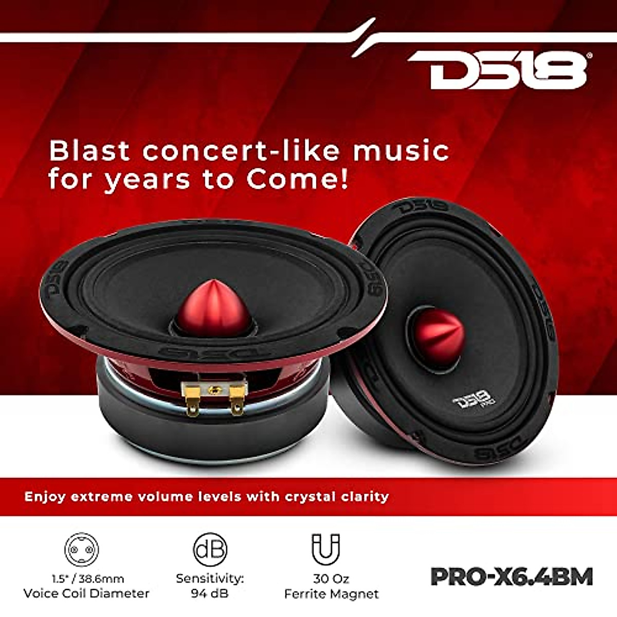 DS18 PRO-X6.4BM Loudspeaker - 6.5", Midrange, Red Aluminum Bullet, 500W Max, 250W RMS, 4 Ohms - Premium Quality Audio Door Speakers for Car or Truck Stereo Sound System (8 Speakers)
