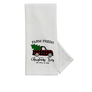 Farmhouse Christmas Kitchen Hand Towels: Postal Country Truck and Trees Herringbone Cotton Weave with Decorative Checkered Prints on Terrycloth with Easy Hang Fabric Loops (Farm Fresh Trees)