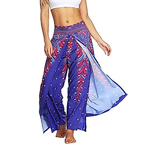 Lu's Chic Women's Boho Yoga Pants Palazzo Slit Pants Wide Leg Dance Indian Loose Bohemian Pants Style3 Small-Medium