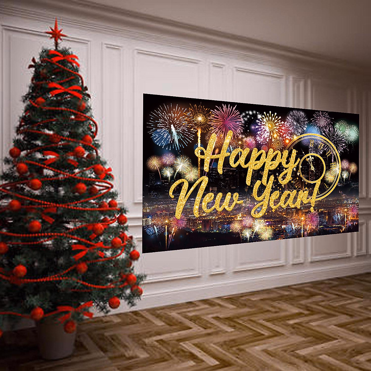 Famoby Happy New Year Fabric Sign Poster Backdrop with Fireworks for New Year Photo Booth Background Party Decoration