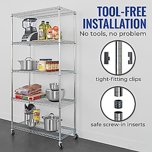 SafeRacks NSF Certified Storage Shelves, Heavy Duty Steel Wire Shelving Unit with Wheels and Adjustable Feet, Used as Pantry Shelf, Garage or Bakers Rack Kitchen Shelving - (18"x36"x72" 5-Tier)