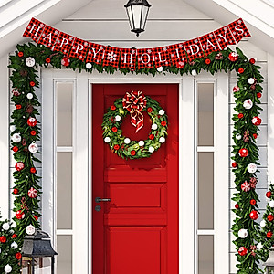 Plaid Happy Holidays Banner Burlap Christmas Rustic Bunting Banner for Christmas Hanging Decorations