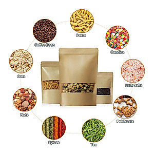 100 Packs Kraft Stand Up Paper Bags with Window(10" x 7") Resealable Bags for Small Business, Food, Sealable Treat Bags for Packaging,Snacks,Candy,Cornmeal,Coffee