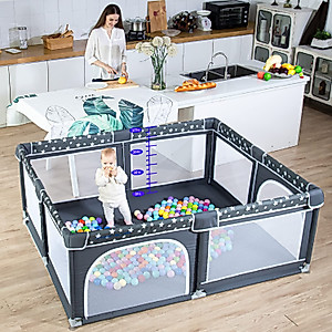 Baby Playpen, ANGELBLISS Playpen for Babies and Toddlers, Extra Large Playard with Gate, Kids Safety Play Pens Portable Play Yard with Star Print (Dark Grey)