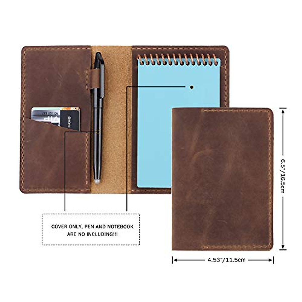Leather Journal Cover for 3.5" x 5.5" Pocket Size Notebook With Pen Loop, Leather Cover Compatible with Rocketbook Notebook Mini Size - Brown