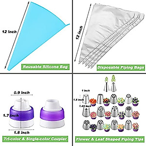 Suuker 27 Pcs Russian Piping Tips Set, Cake Decorating Tips Baking Supplies for Cupcake Cookies Birthday Party (12 Icing Tips 10 Pastry Baking Bags 2 Leaf Piping Tips 2 Couplers 1 Silicone Bag)