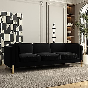 Gooamz Modern Velvet Sofa Couch, 95 Inch Chesterfield Sofa with Removable Cushions and Gold Metal Legs, Large Comfy Tufted Upholstered 3 Seater Couch for Living Room, Office, Hotel, Black