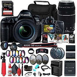 Canon EOS 5D Mark IV DSLR Camera with 24-70mm f/4L Lens (1483C018) + Canon EF 75-300mm f/4-5.6 III Lens (6473A003) + 64GB Memory Card + Color Filter Kit + Filter Kit + LPE6 Battery + More (Renewed)