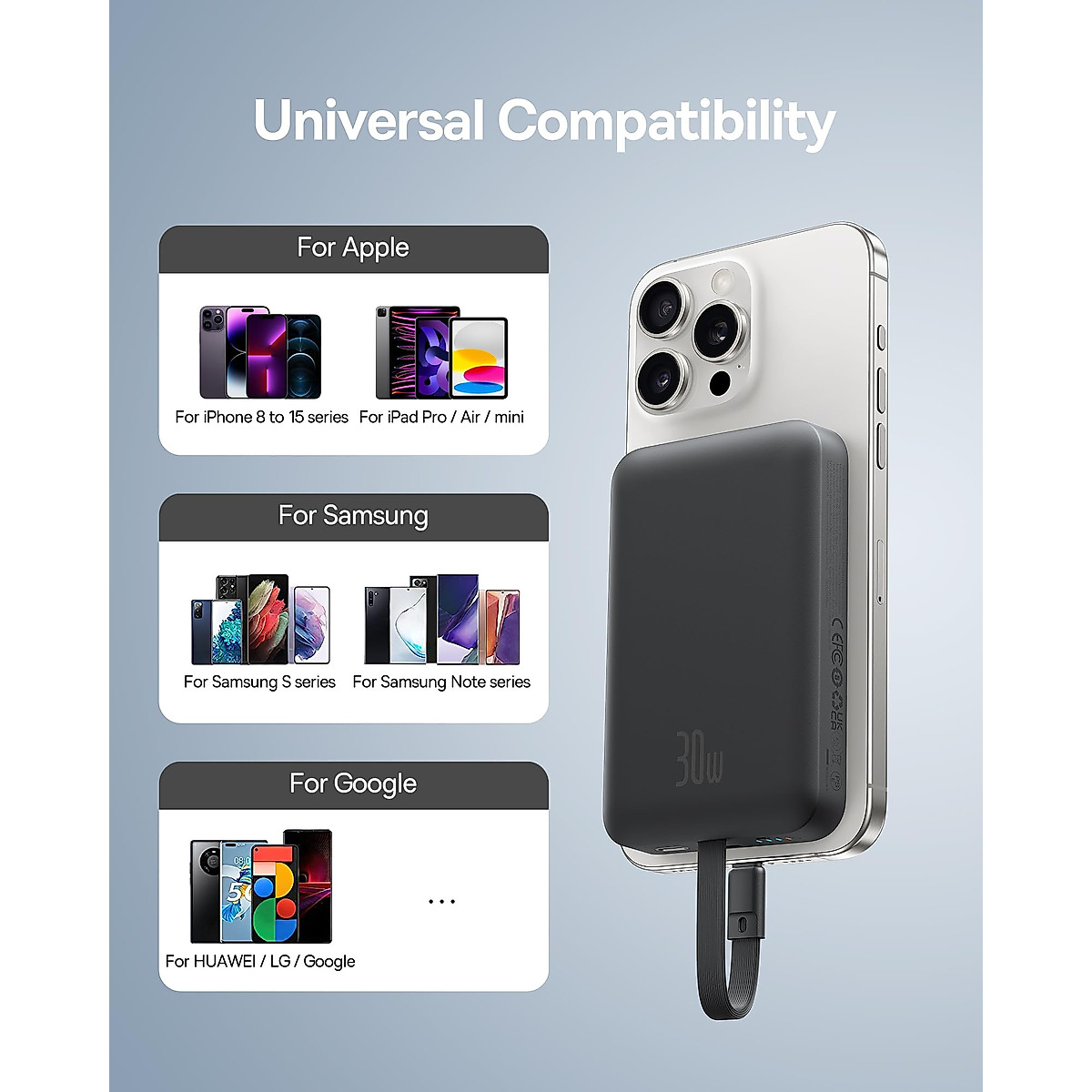 Baseus Magnetic Power Bank, 30W PD Fast Charging 10000mAh for Magsafe Battery Pack Built-in USB-C Cable (in&Out), Power Bank for iPhone 15 Pro Max, iPhone 15/15 Plus/15 Pro, Galaxy, iPad, Pixel, etc.