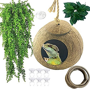 MUYG Crested Gecko Coconut Hut,Leopard Gecko Natural Coco Shell Den Reptiles Habitat Durable Hanging Cave Hideouts Plants Climbing Decoration for Amphibians and Small Animals(4 Pcs)