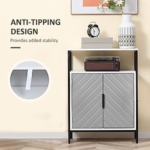 HOMCOM Storage Cabinet with Open Shelf and Double Door Cupboard, Accent Cabinet with Herringbone Panel and Steel Frame, Gray