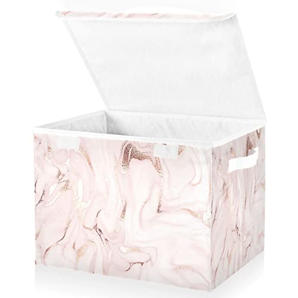 Kigai Storage Basket Rose Gold Abstract Marble Storage Boxes with Lids and Handle, Large Storage Cube Bin Collapsible for Shelves Closet Bedroom Living Room, 16.5x12.6x11.8 In