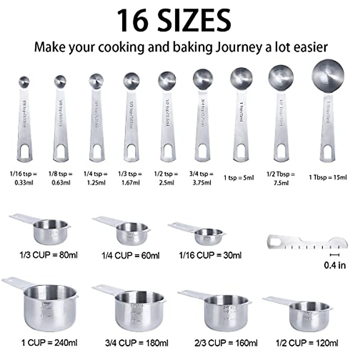 20PCS Measuring Cups and Measuring Spoons Set, Food-Grade Stainless Steel Measure Cup Set for Cooking Baking Measurement, Including 7 Cups, 9 Spoons, Level, Magnetic Chart, Stackable Measuring Set