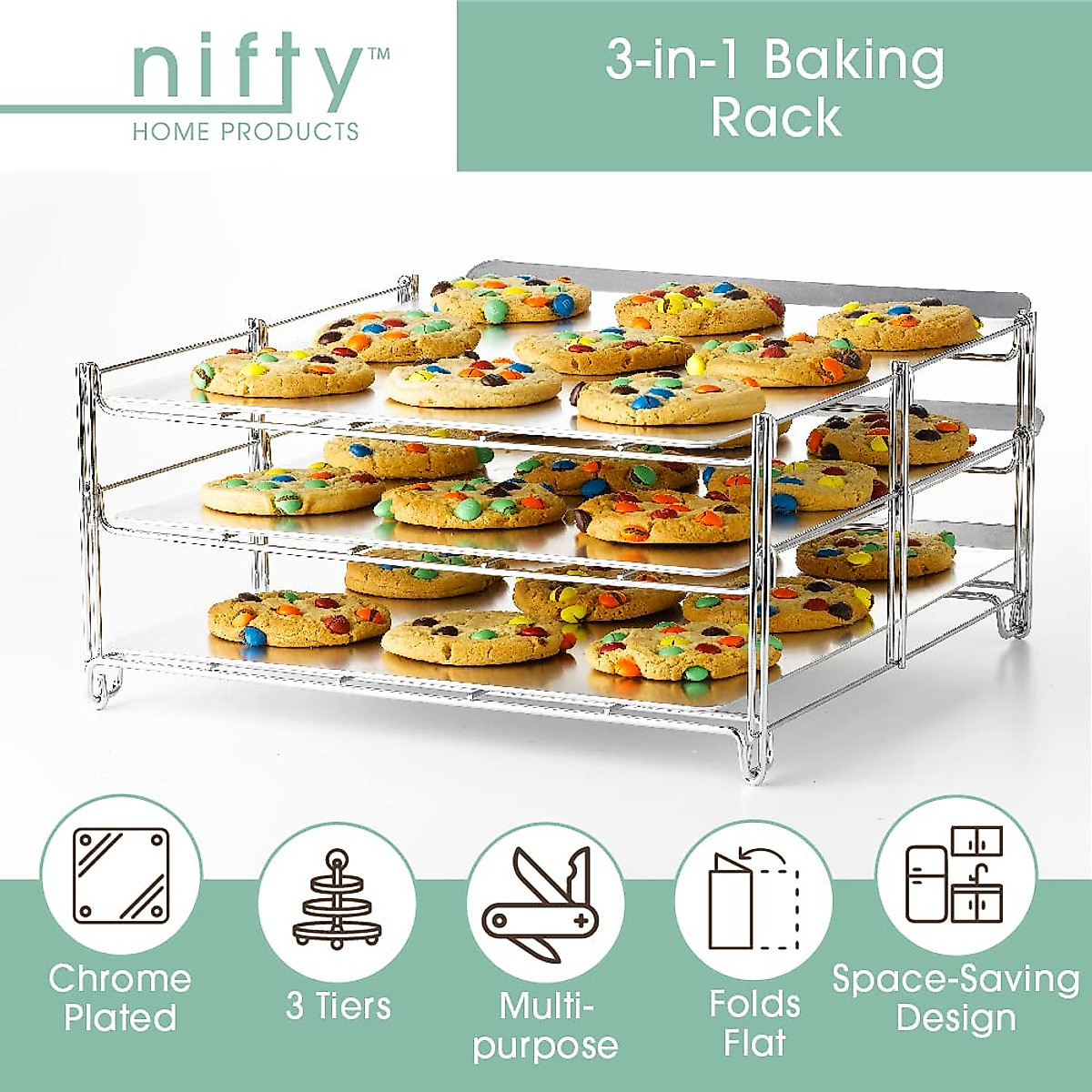Nifty 3-in-1 Baking Rack – Nickel Chrome Plating, Cooling & Baking Rack, Multipurpose Kitchen Accessory, Folds Flat for Easy Storage, Use for Cookies, Pizzas, Baked Goods