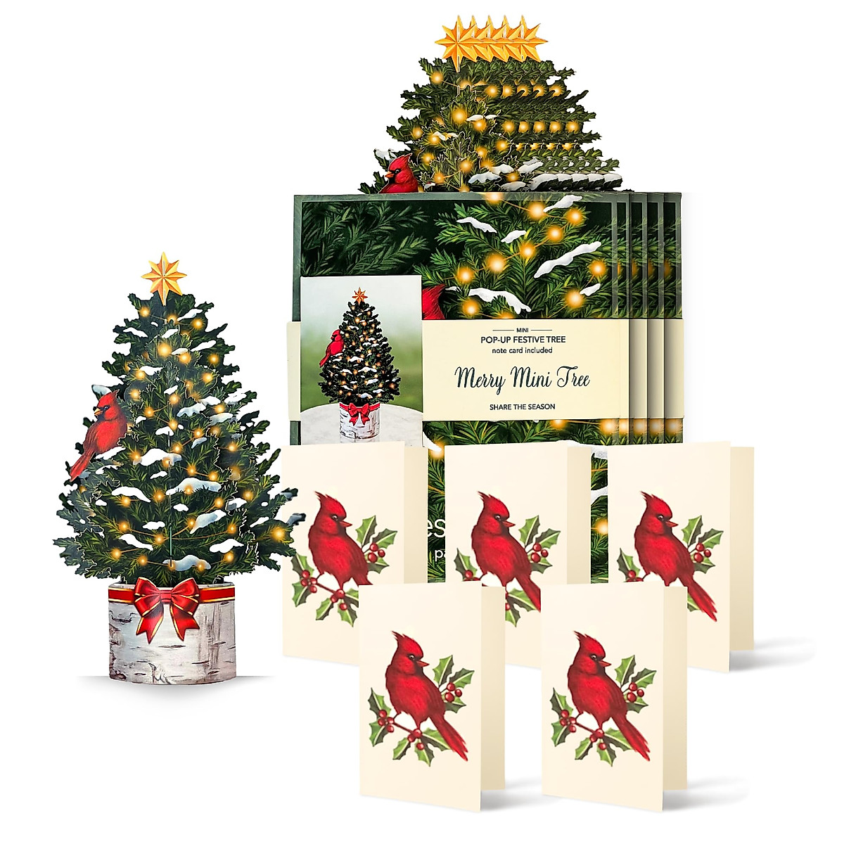 Freshcut Paper Pop Up Cards, Merry Mini Tree, 7 inch Mini Sized Paper Christmas Tree 3D Popup Greeting Cards, Christmas Card, Holiday Card, Blank Notecards & Envelopes, Pack of 5