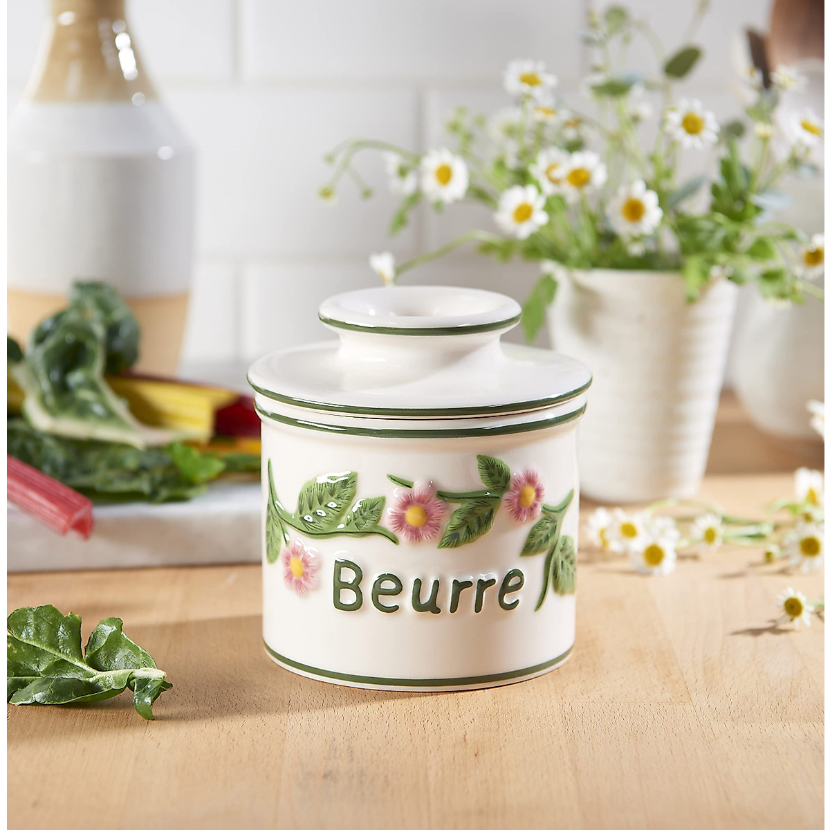 Butter Bell - The Original Butter Bell crock by L Tremain, a Countertop French Ceramic Butter Dish Keeper for Spreadable Butter, La Fleur Collection (Hand Painted Raised Floral)