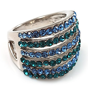 Avalaya Silver Tone Wide Crystal Band Ring (Light Blue & Teal) - size 7