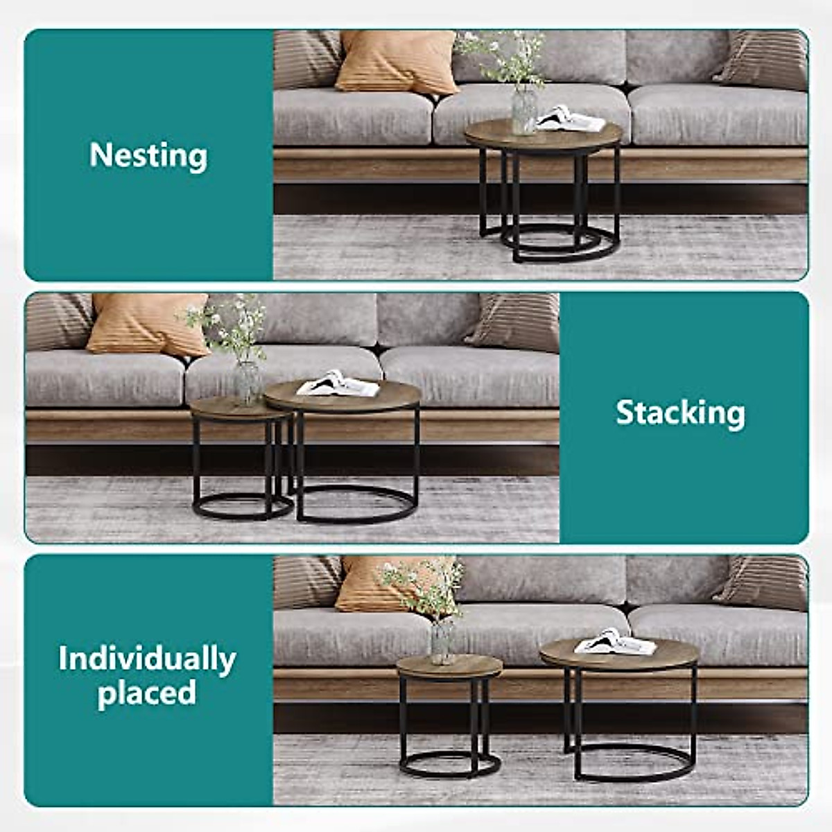 Smuxee Nesting Coffee Table Set of 2, 23.6" Round Coffee Table Wood Grain Top with Adjustable Non-Slip Feet, Industrial End Table Side Tables for Living Room Bedroom Balcony Yard