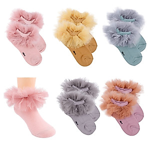 BAOPLAYKIDS 5 Pairs Girls ruffle Lace Tutu Socks Toddler Baby Triple Frilly Dressy Tulle Socks Eyelet Turn Cuff Ankle Socks for 2-7T