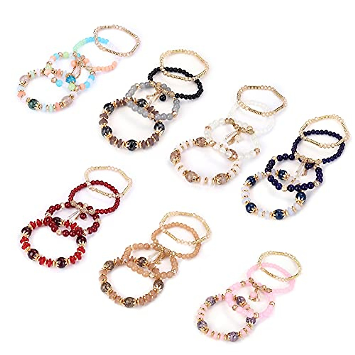 YADOCA 7 Sets Bohemian Stackable Beaded Bracelets for Women Men Boho Stretch Multilayered Bead Bangles Bracelet Set with Charm Multicolor Statement Jewelry